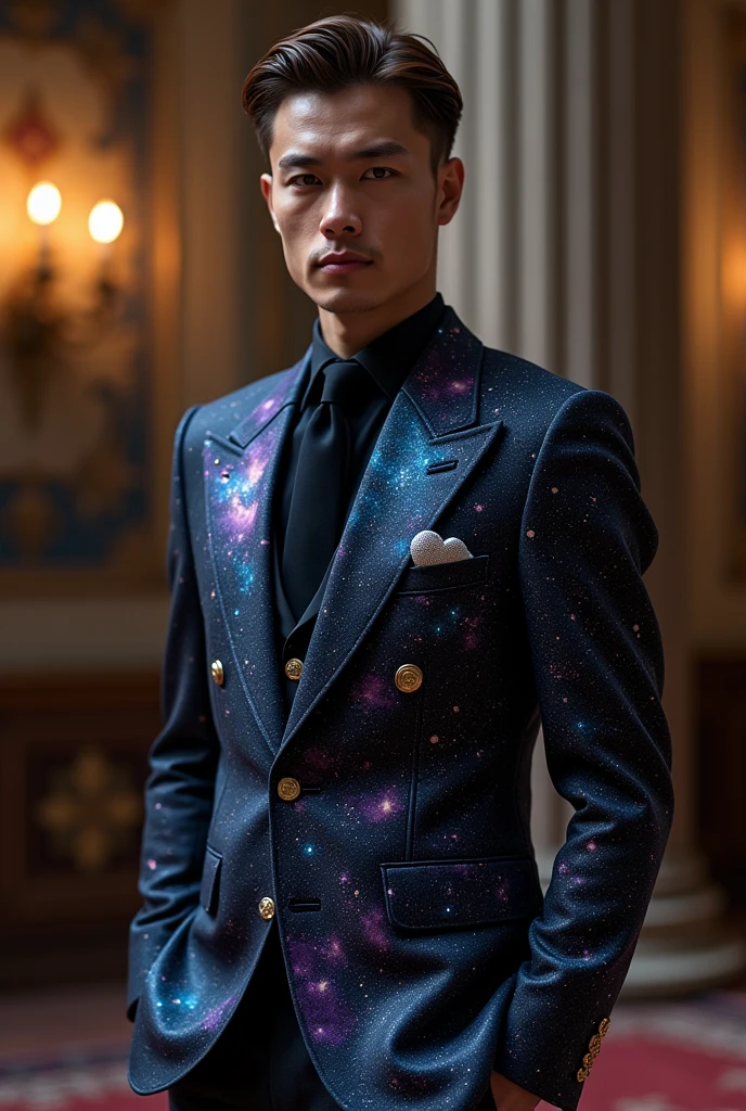 Formal suit attire for men that has a dark, black hole celestial - SeaArt AI