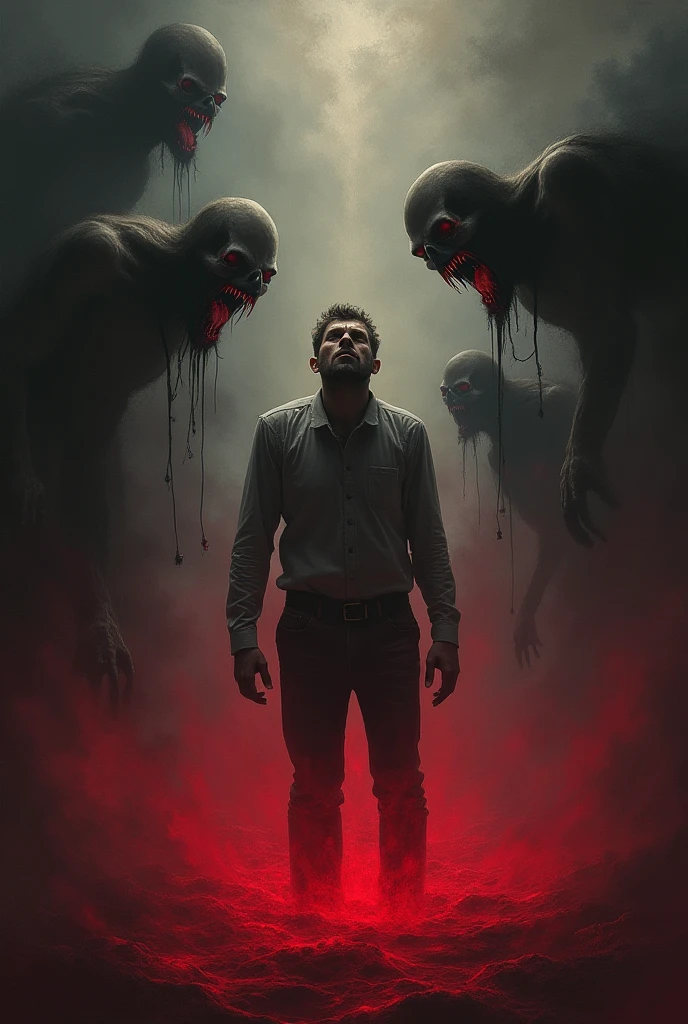 Make the image of evil souls coming out of the red ground and prowling ...