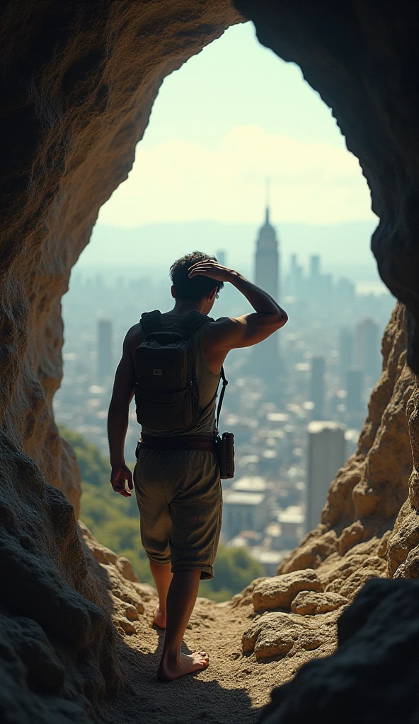 One of the young men cautiously stepping out of the cave, shielding his ...