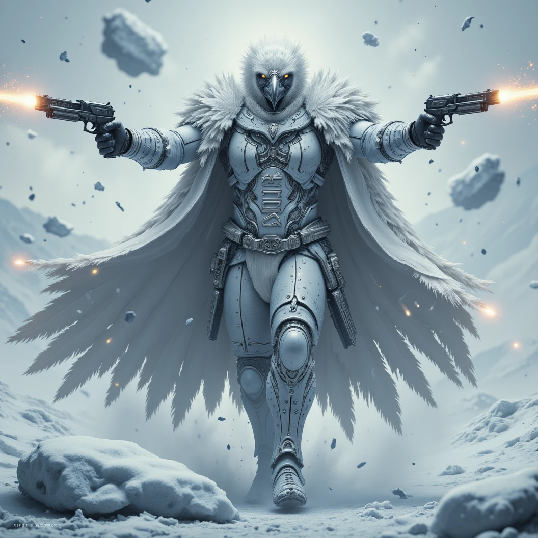 White feathered anthropomorphic crow. Donned in modern bright white ...