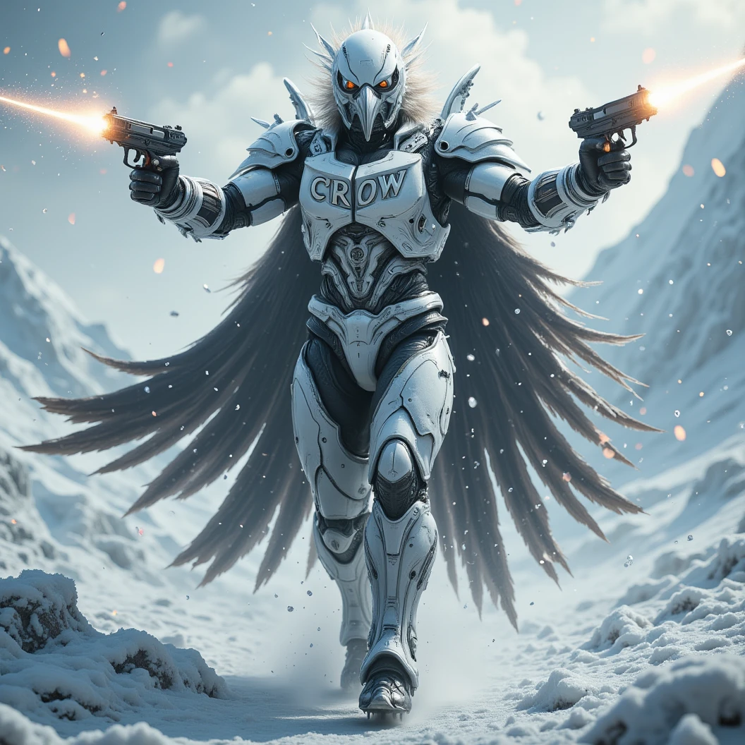 White feathered anthropomorphic crow. Donned in modern bright white ...