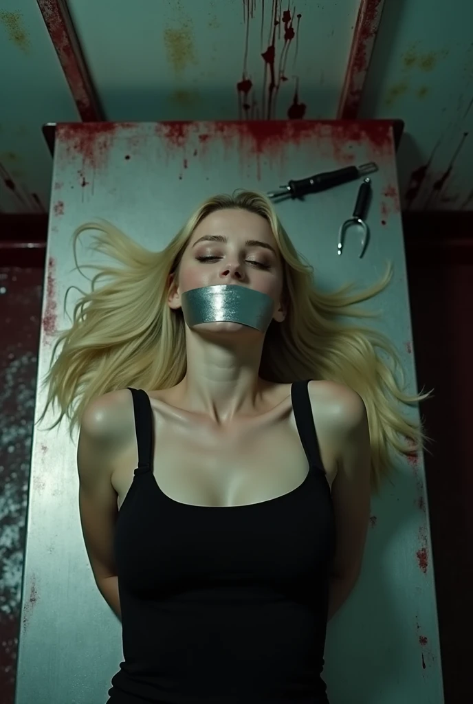 Close image of a woman her mouth taped by silver duct tape long blonde hair eyes - SeaArt AI