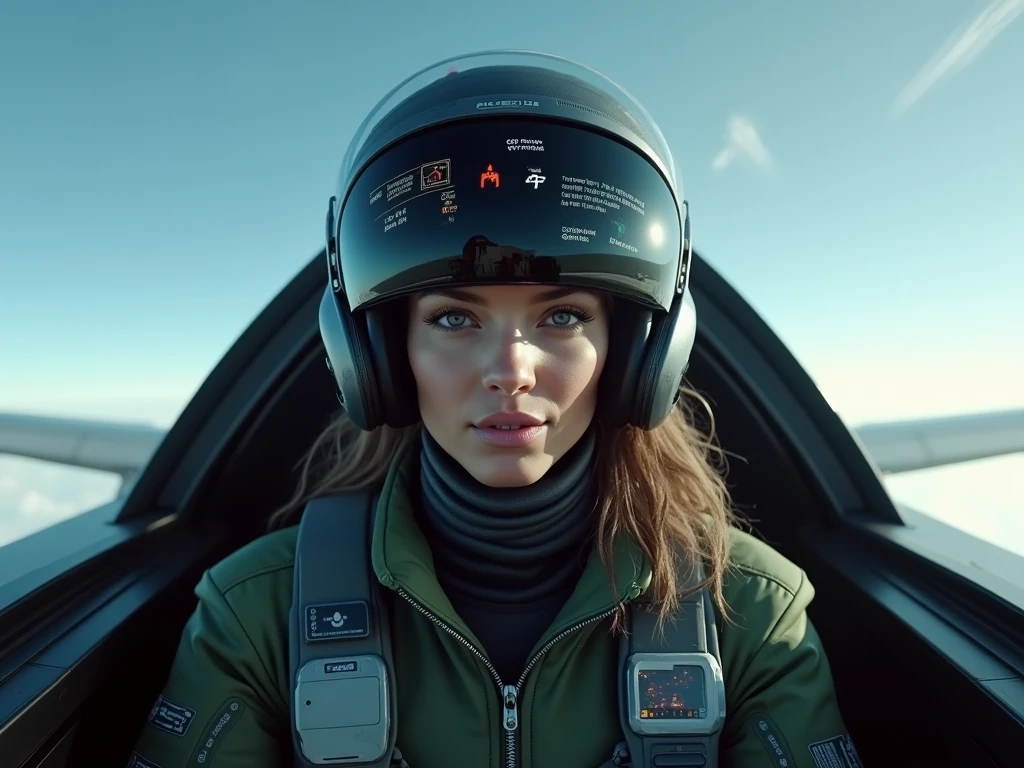 From front, A female jet fighter pilot from the future wearing a pilot ...
