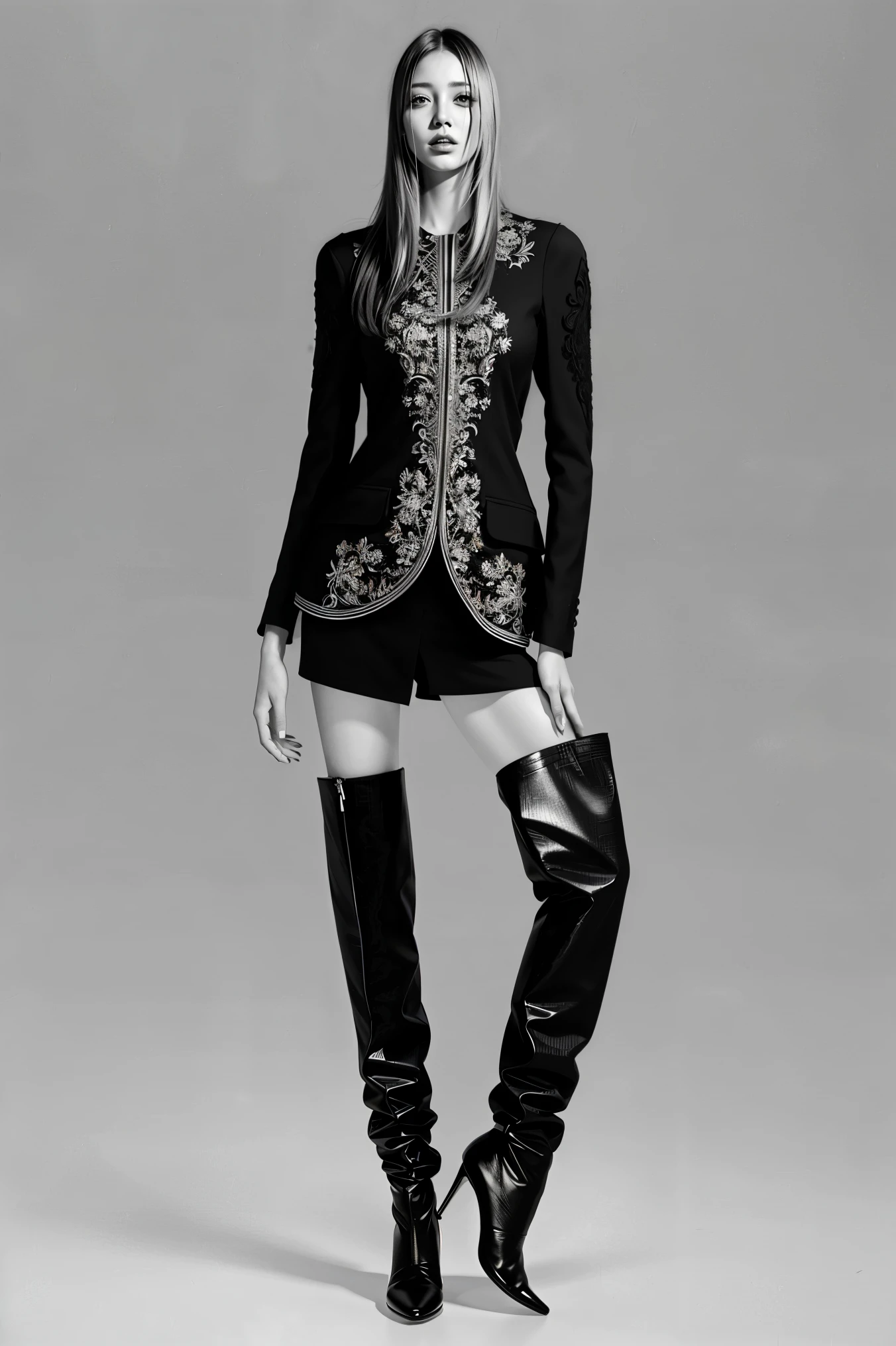 A woman in a black jacket and boots posing for a picture - SeaArt AI