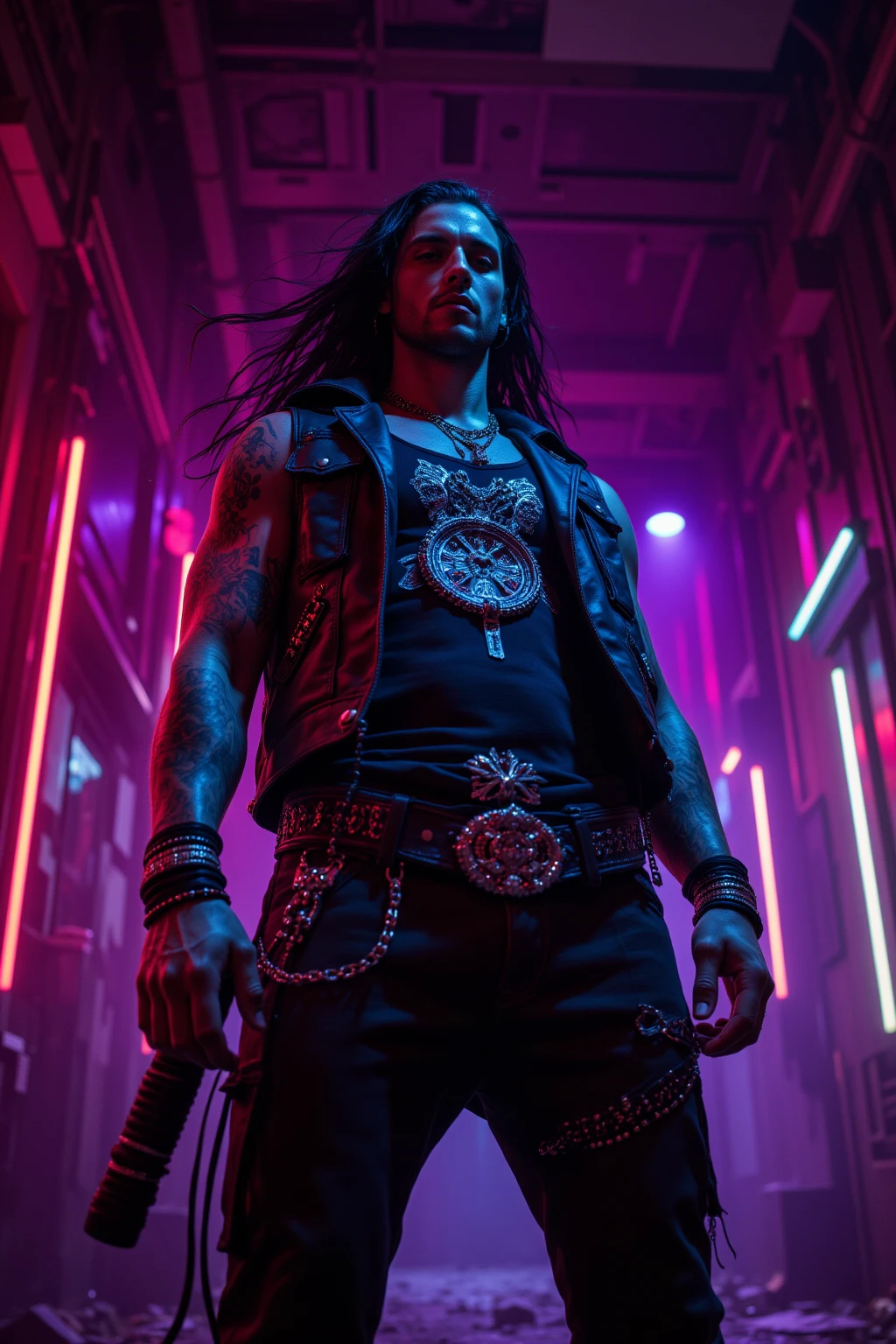 A low angle full body shot of a over cocky metal rockstar that ...