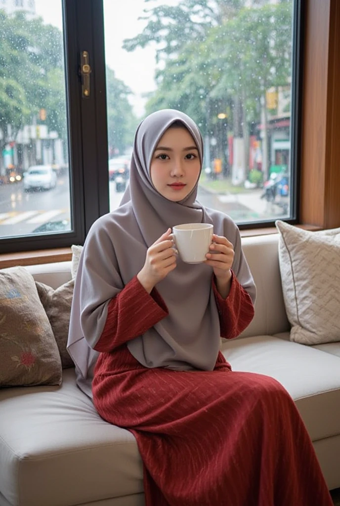 A beautiful Muslimah girl,wearing gray hijab and red dress pattern ...