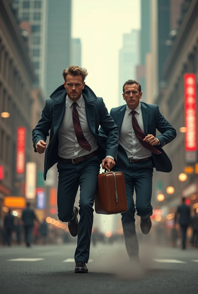 A man running after another man who is running with a briefcase in his ...