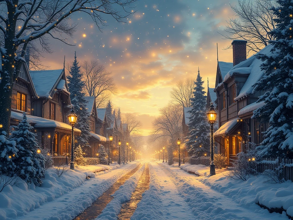 A snow-covered cityscape stretches out, with narrow cobblestone streets ...