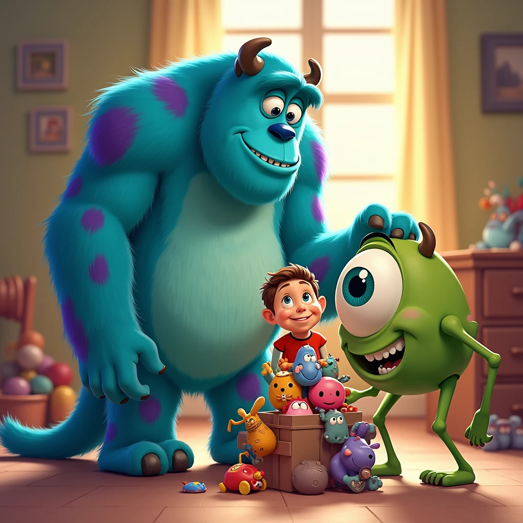 Sulley Mike and boo give toys to ren. - SeaArt AI