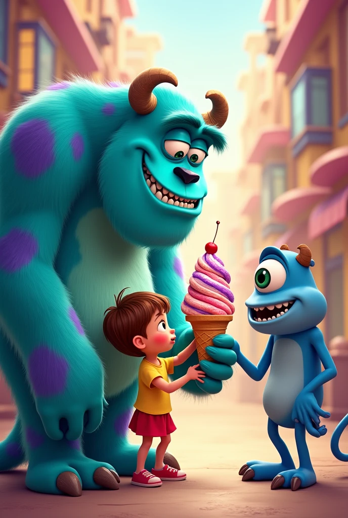 Sulley Mike and boo give Ice cream to ren. - SeaArt AI