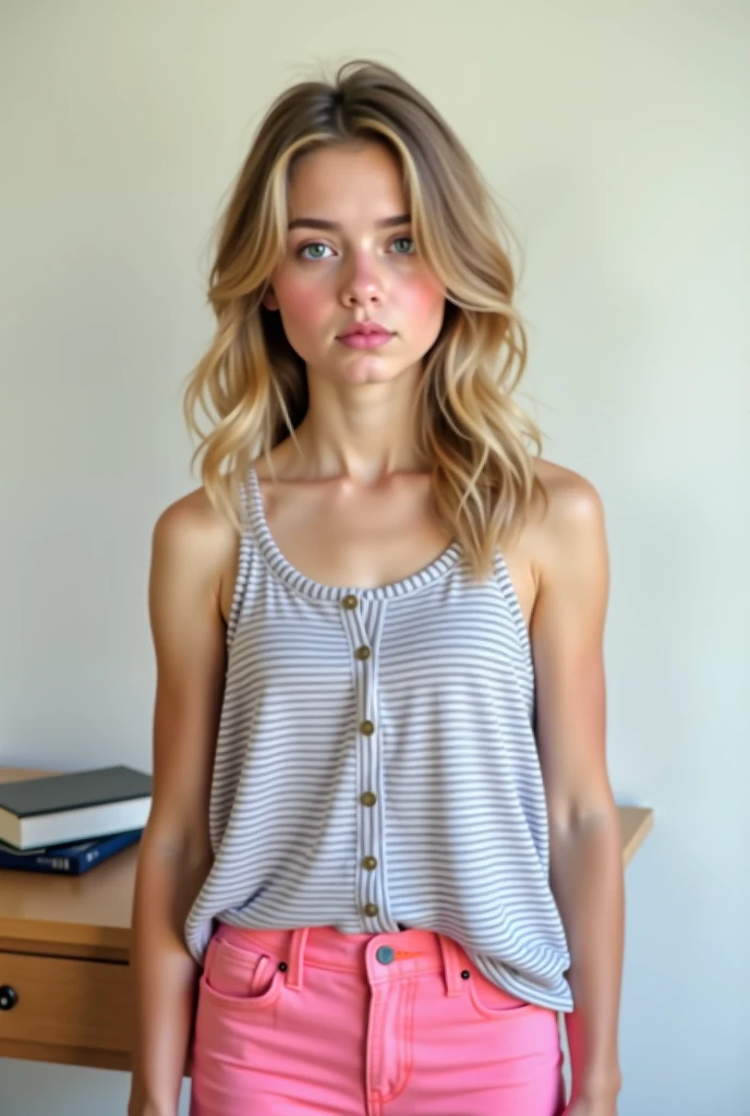 blonde in striped shirt and pink shorts posing in front of a desk ...