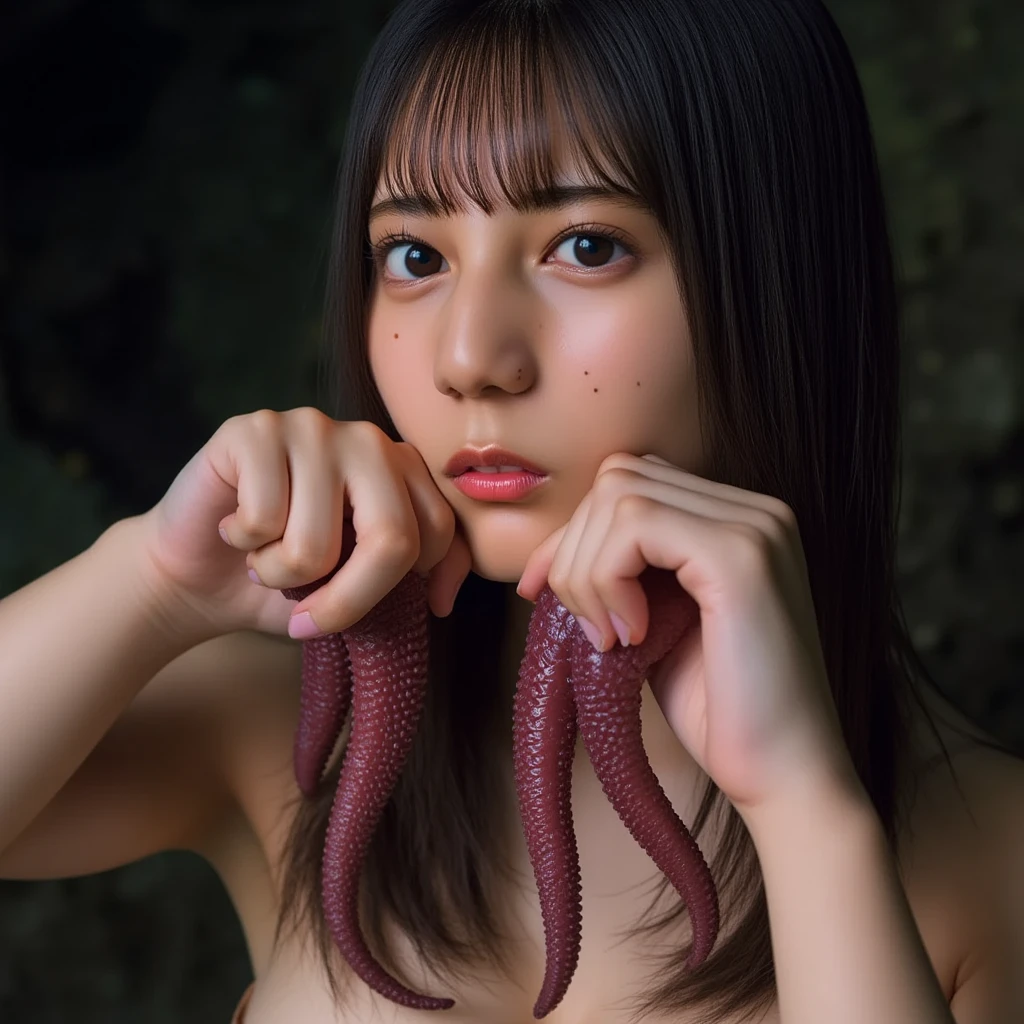 NSFW, (Realistic photo of 1 Japanese girl in dark cave), (the girl is nude - SeaArt AI