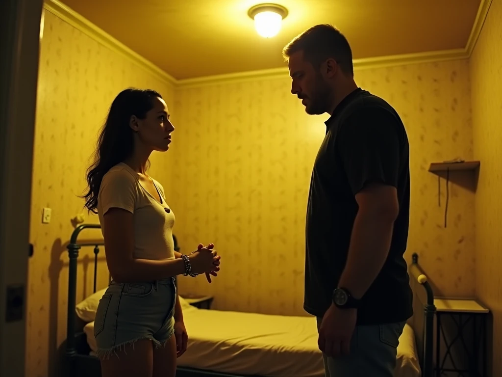 A warm yellow ceiling light evenly illuminates the motel room - SeaArt AI