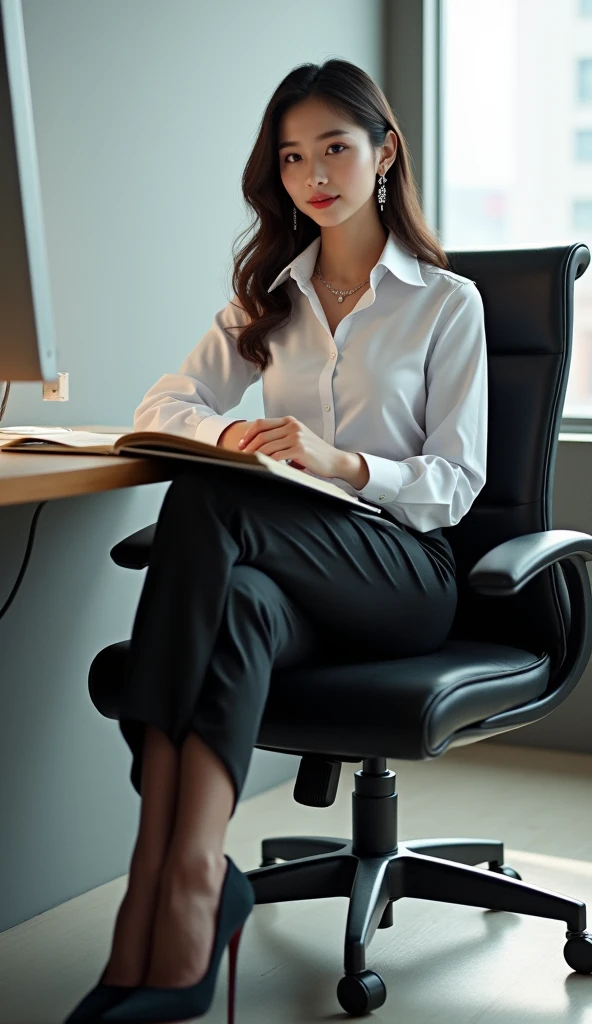 Full body portrait of high heels , tilted lens in the office to make ...