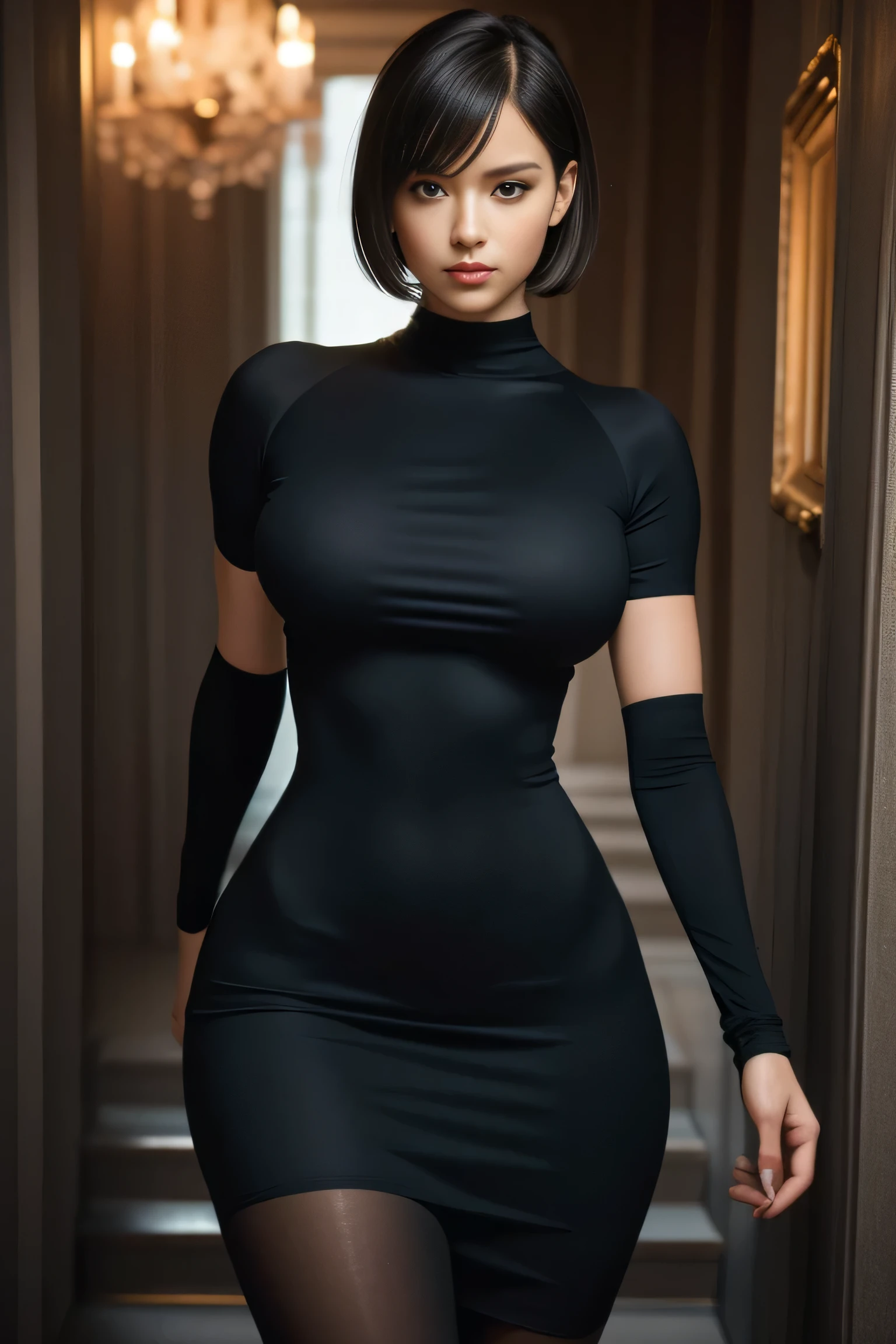 Arafed woman in a black dress posing in a hallway - SeaArt AI