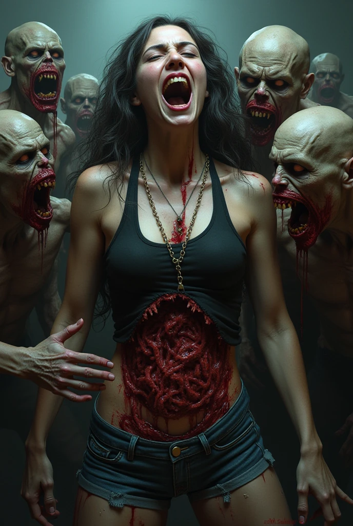 A black tank top woman is being eaten by a lot of zombies , and some zombies ar - SeaArt AI