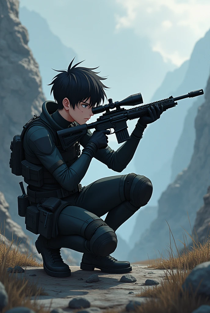 A male anime holding sniper pose, side view - SeaArt AI