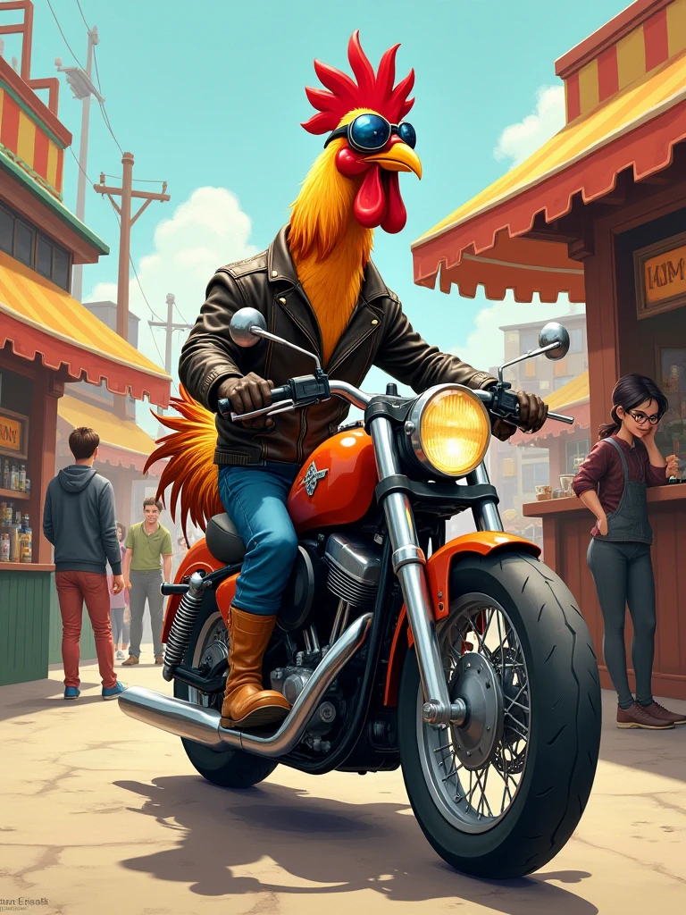 Change the rooster get off from his motor cycle to serve buyer - SeaArt AI