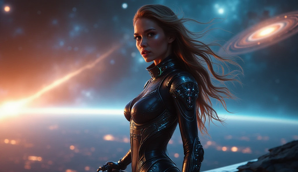 A gorgeous intergalactic warrior woman, wearing a daring yet elegant space armor - SeaArt AI