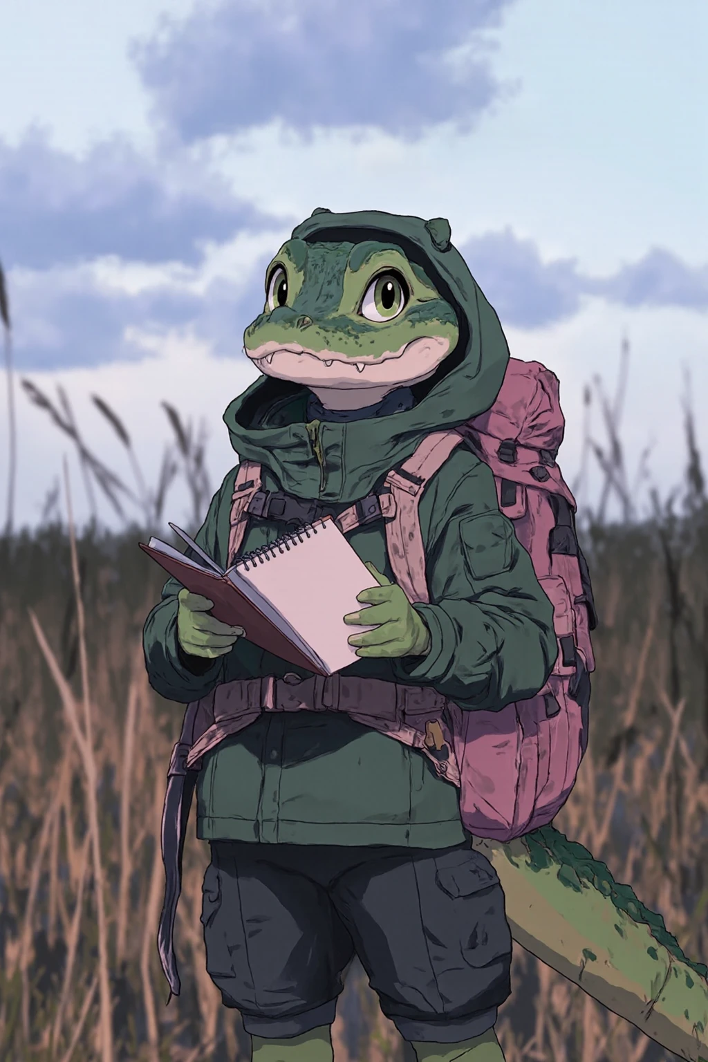 A cute crocodile in an adventurer gear is trekking at the marshlands ...