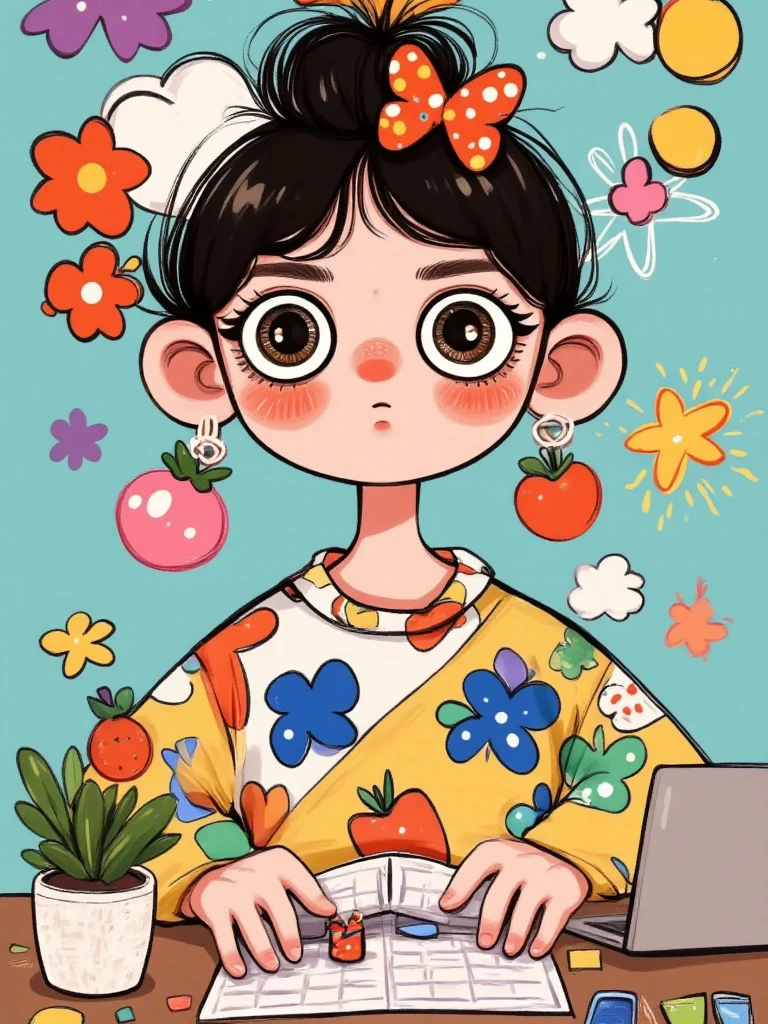 A desk, a laptop,cute cartoon A girl sitting in front of the computer ...