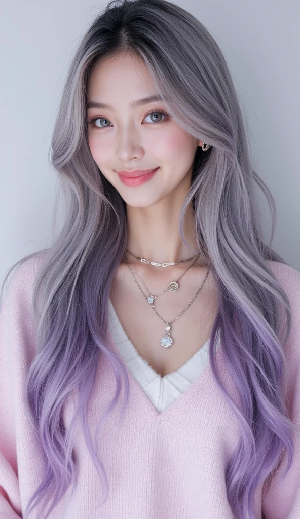 A 20-year-old Asian female, k-pop idol style, long silver-purple ...