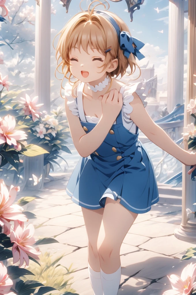 A beautiful girl in a blue pinafore dress running in a flower garden ...