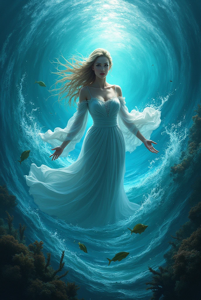 Create a woman in the ocean controlling the things under the ocean ...