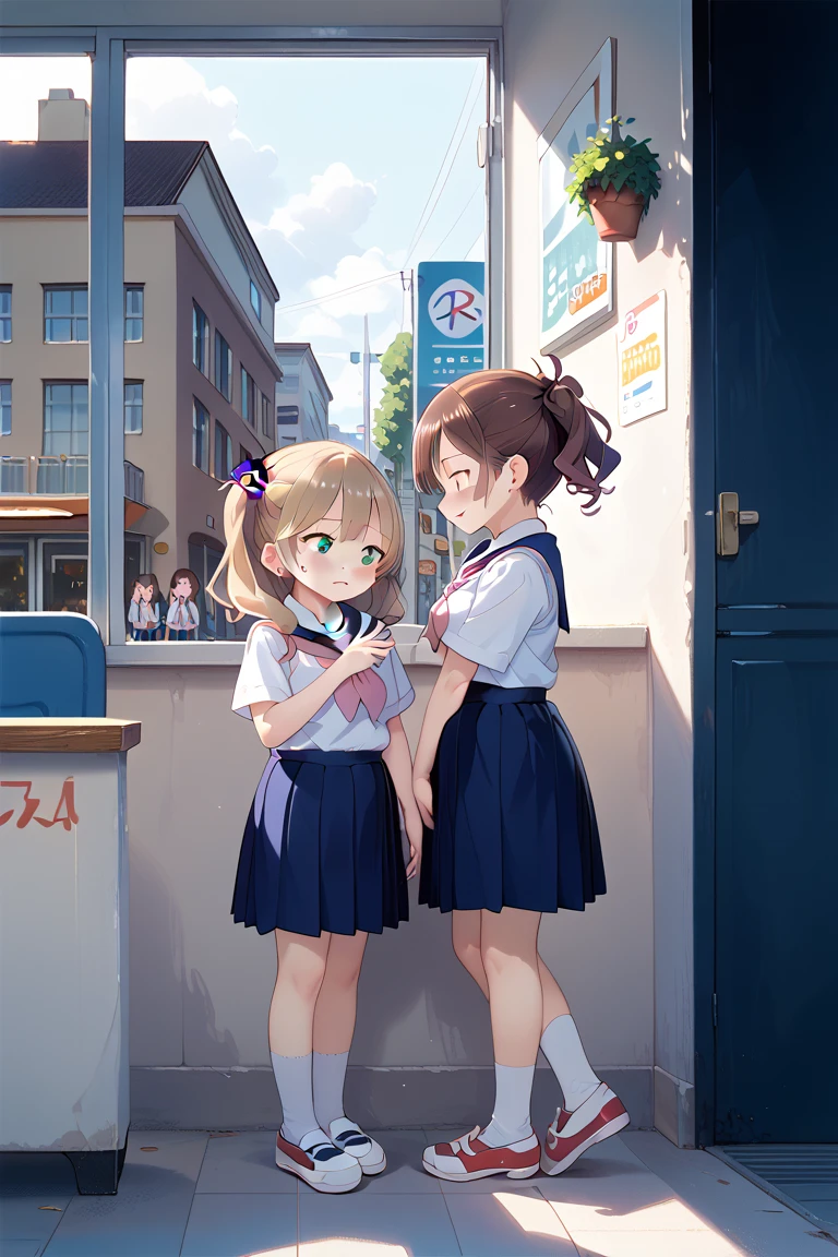 2 high school girls after school, standing in front of a shop window ...
