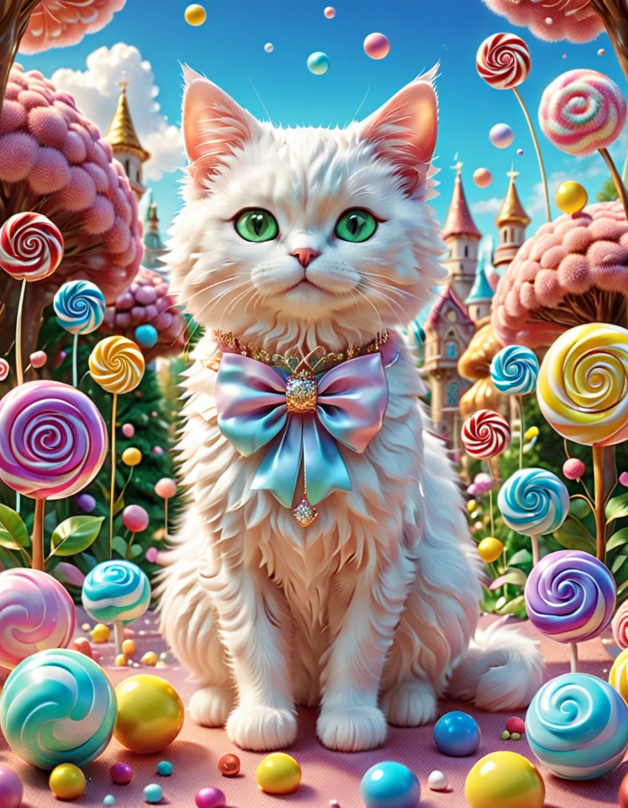 I will draw the imaginary kingdom of Candyland, A cat wearing a dreSS ...