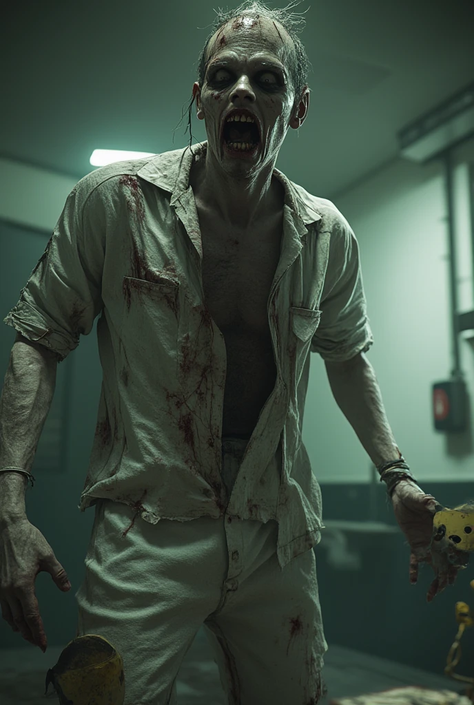 Male mental patient wear's yellow happy face. Mask torn white shirt and ...