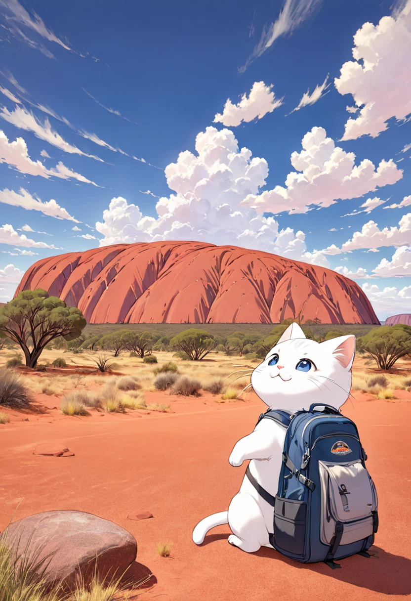 White cat backpacker , Ayers Rock , comical , cute - SeaArt AI