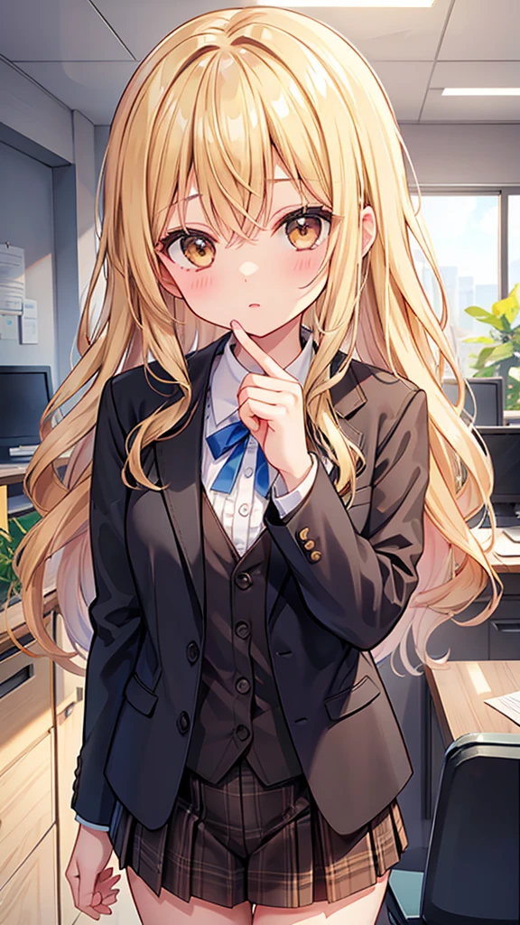girl、Blonde、Wavy Hair、 brown eyes、 office、suit、OL - SeaArt AI