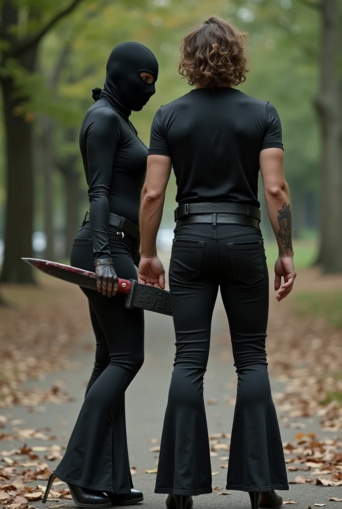 Evil creepy lycra balaclava curvy female wear long black disco bell ...