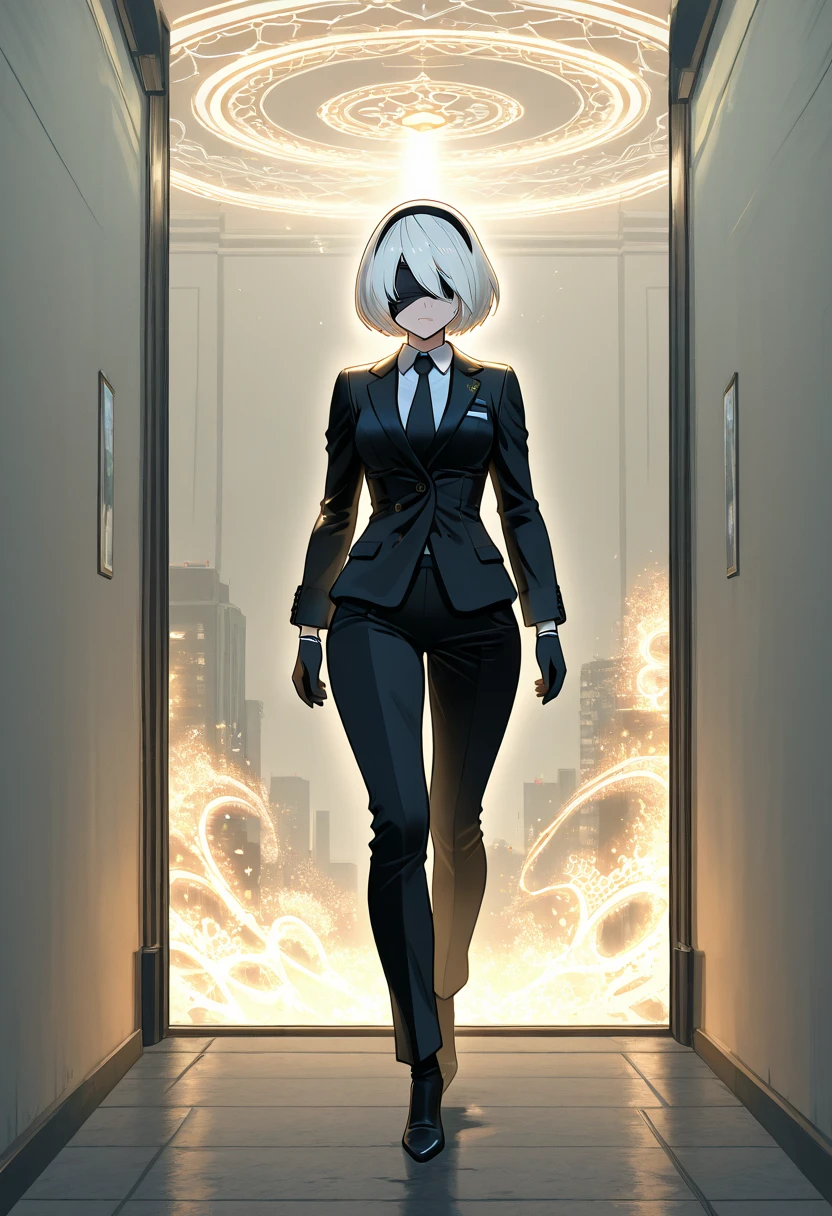 NieR: Automata 2B, walks briskly down Wall Street in a business suit ...