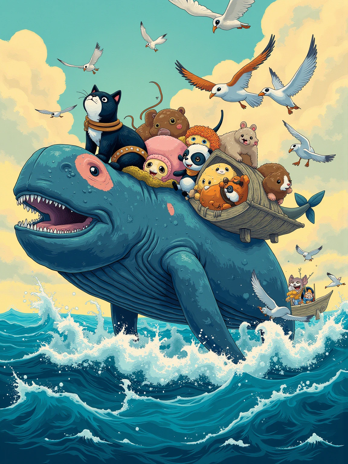 There are pictures of various animals that ride on the back of a big ...