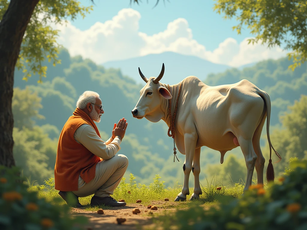 Norendro modi worshipping a cow - SeaArt AI