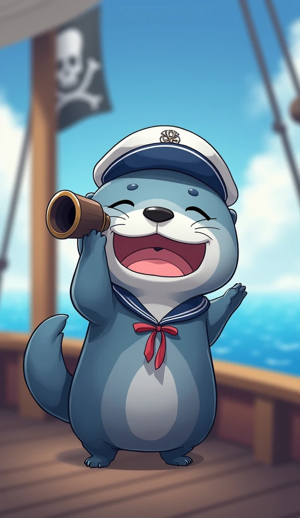 A cute chibi anime blue colored sea otter in a sailor hat and uniform ...