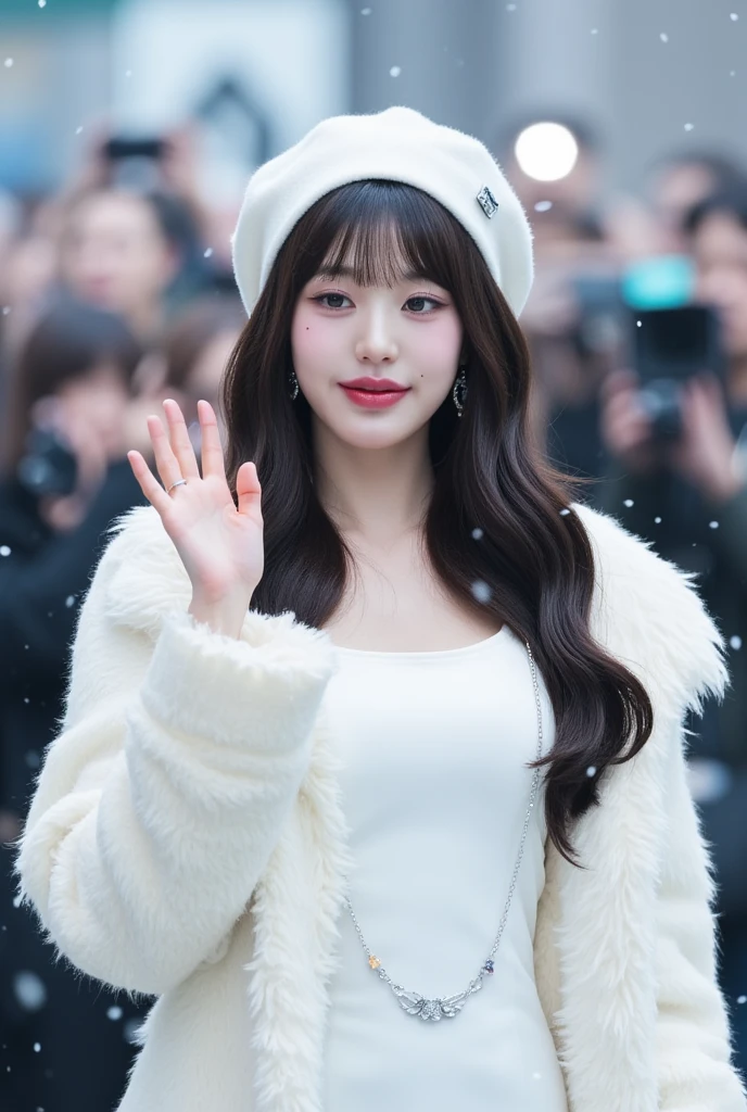 "A stunning K-pop idol standing in a snowy urban setting, with soft ...