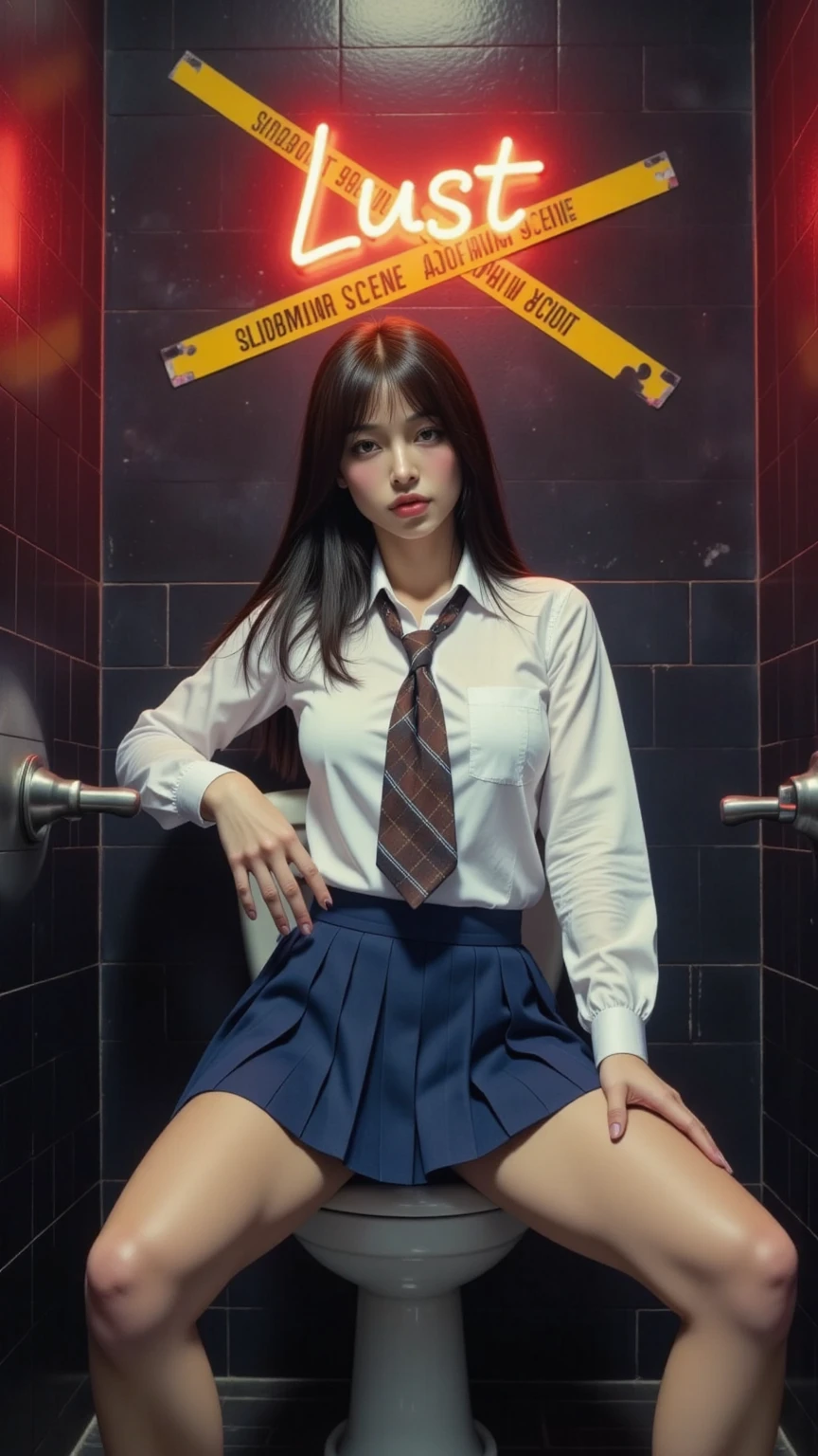 A slutty woman sitting on the toilet seat in a public bathroom with her ...