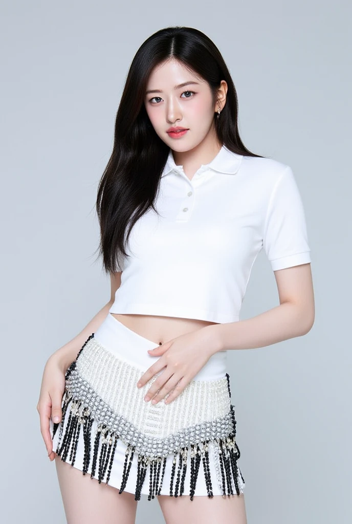A stunning K-pop idol stands confidently, exuding a sleek and polished ...