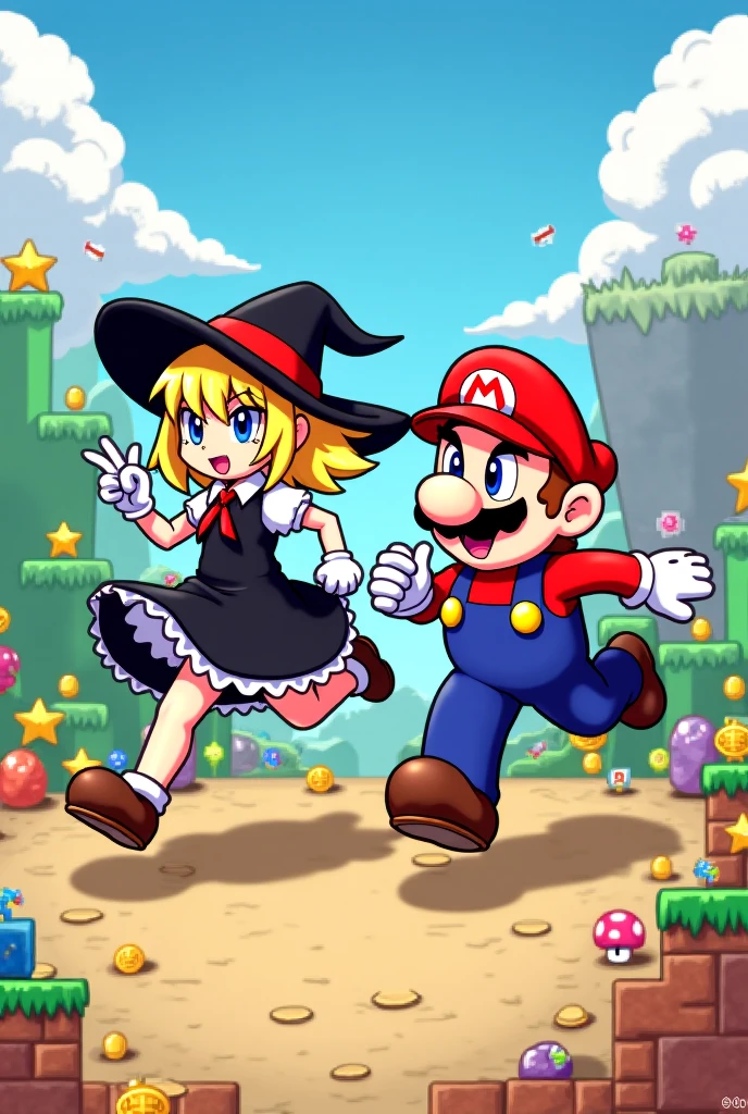 Marisa Kirisame running with Mario, Pixel art - SeaArt AI