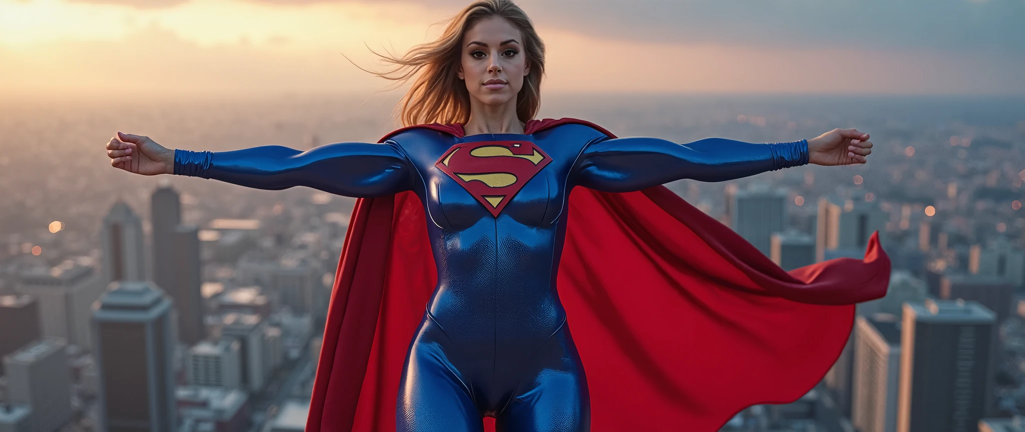 Araffe woman in a superman suit standing on a ledge above a city ...