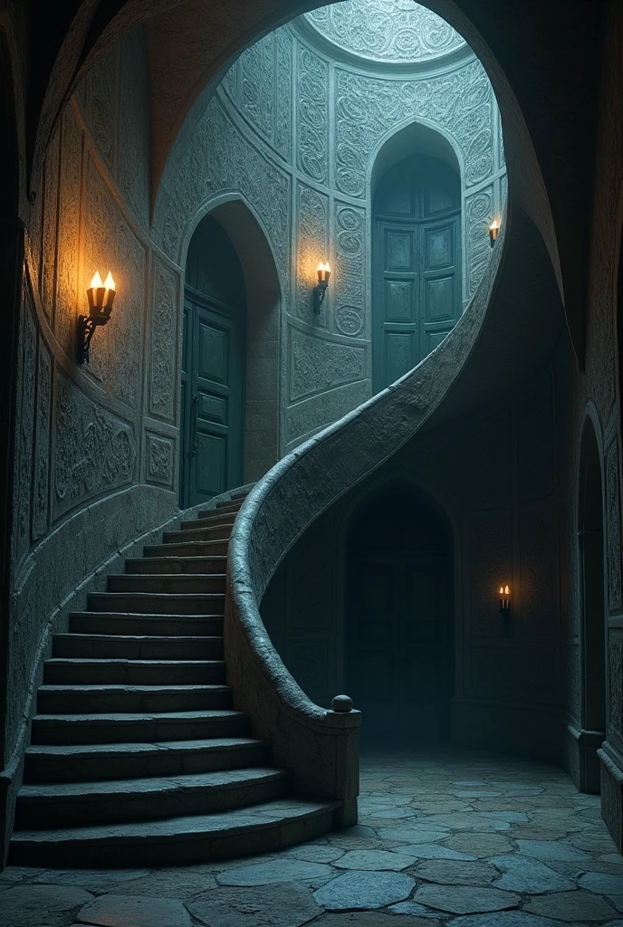 Staircase with labyrinths and dark doors - SeaArt AI