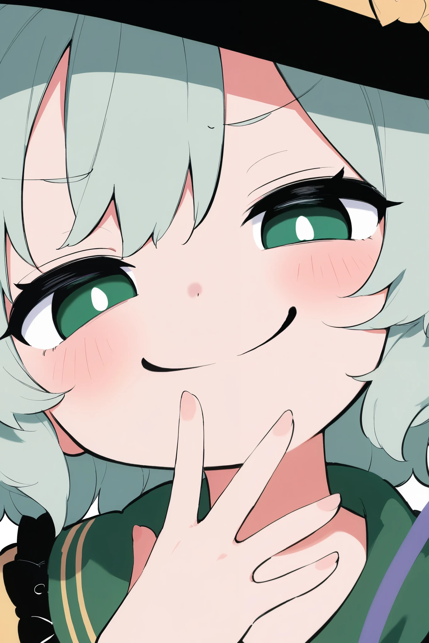 Anime girl with green eyes and a black hat with a hand on her chin ...