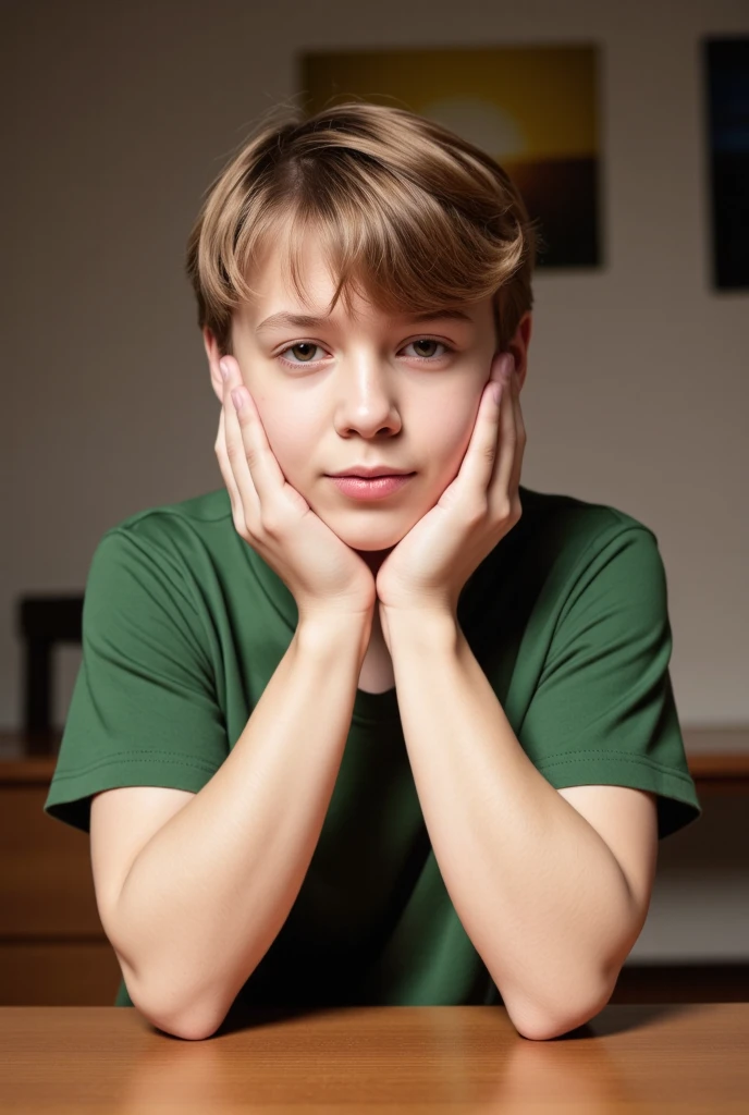 A teenage boy, blonde, wavy hair, shy features, sits at a table with ...