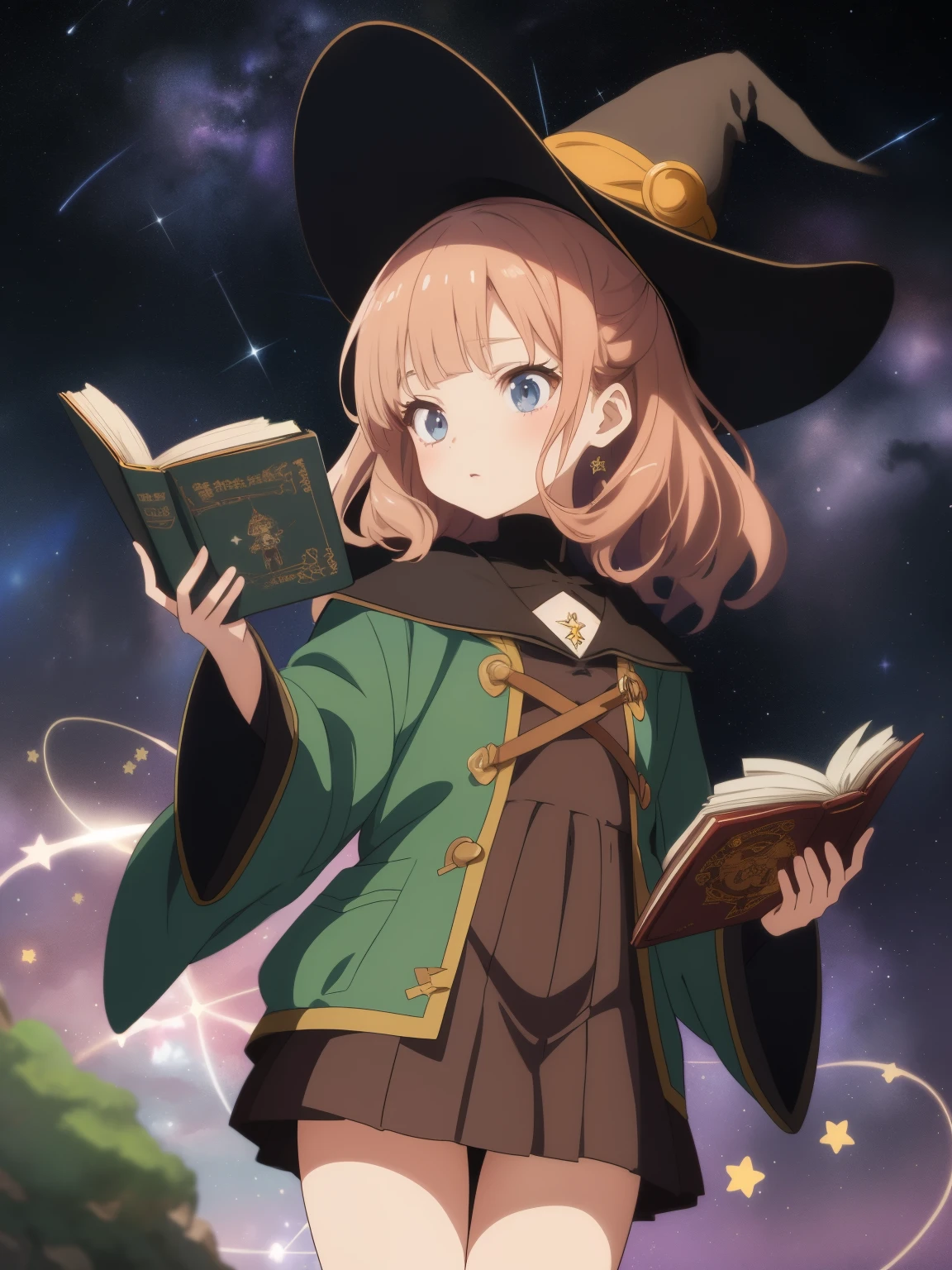 Anime girl in a witch costume holding a book and a wand - SeaArt AI