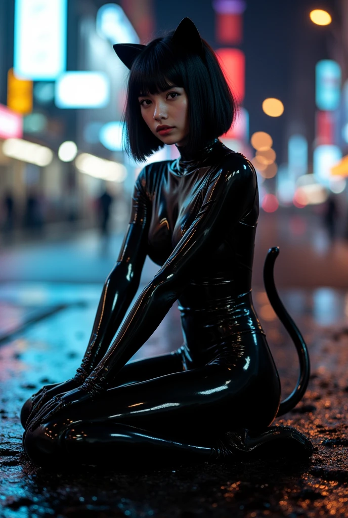 View on whole body, visible feet, sexy sitting pose, bob cut black hair ...