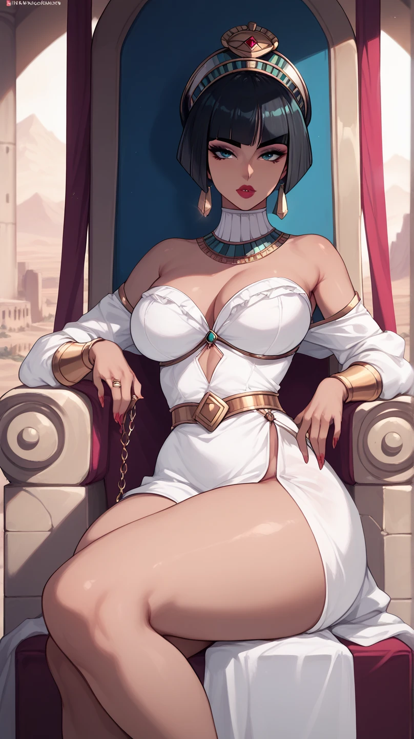 Beautiful hot queen Cleopatra with thick thighs, sitting on her throne inside he - SeaArt AI