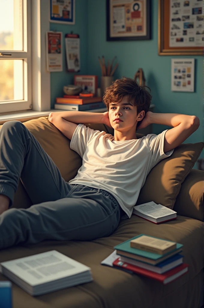 A teenager lying lazily withoud doing his homework - SeaArt AI